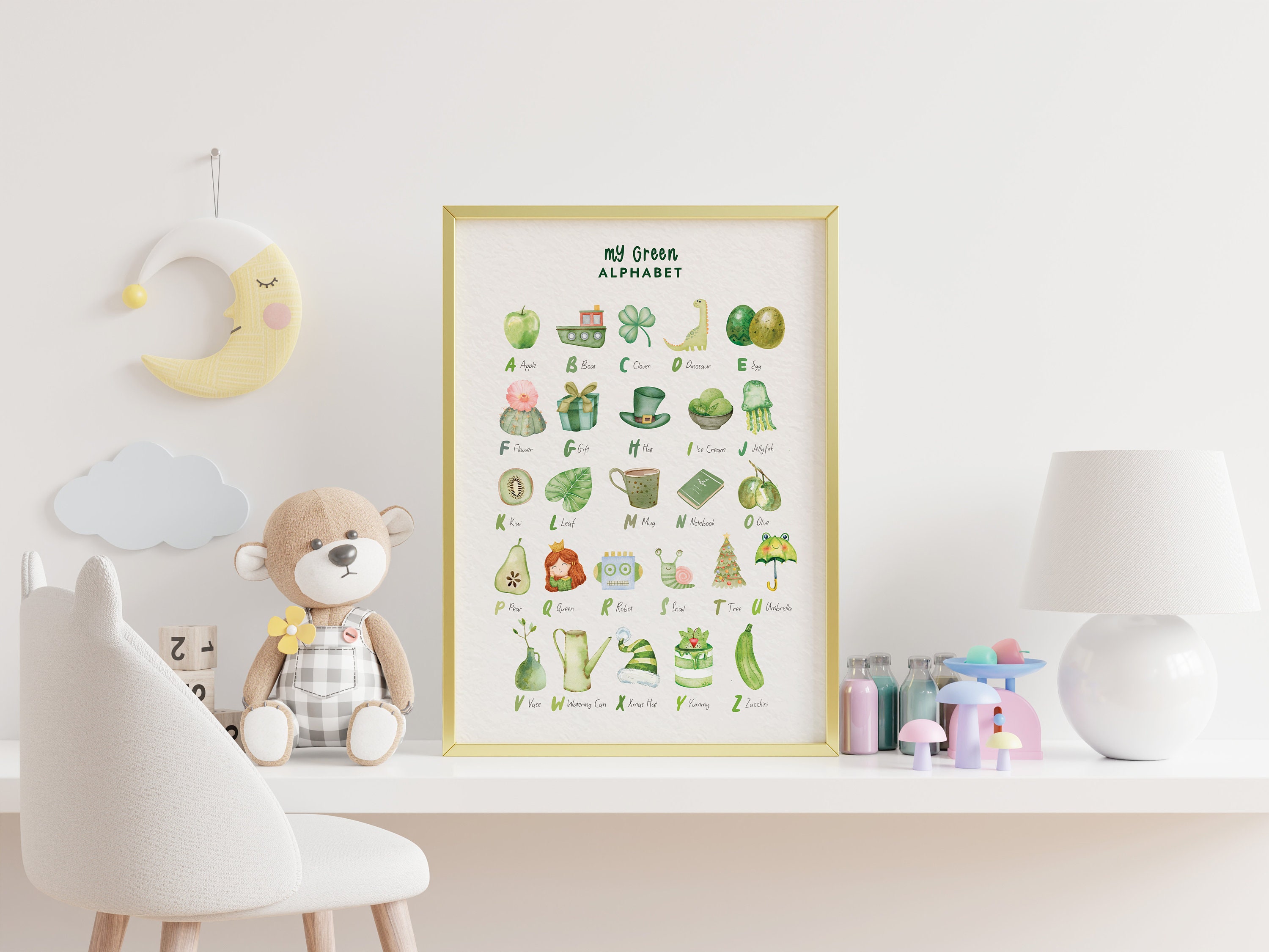 Green Alphabet Nursery Print, Colour Green Kids Room Decor, Green ...