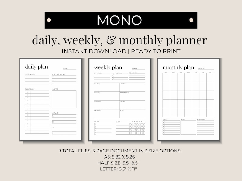 MONO Printable Planner PDF Bundle - Daily, Weekly, & Monthly - 3 SIZES ...