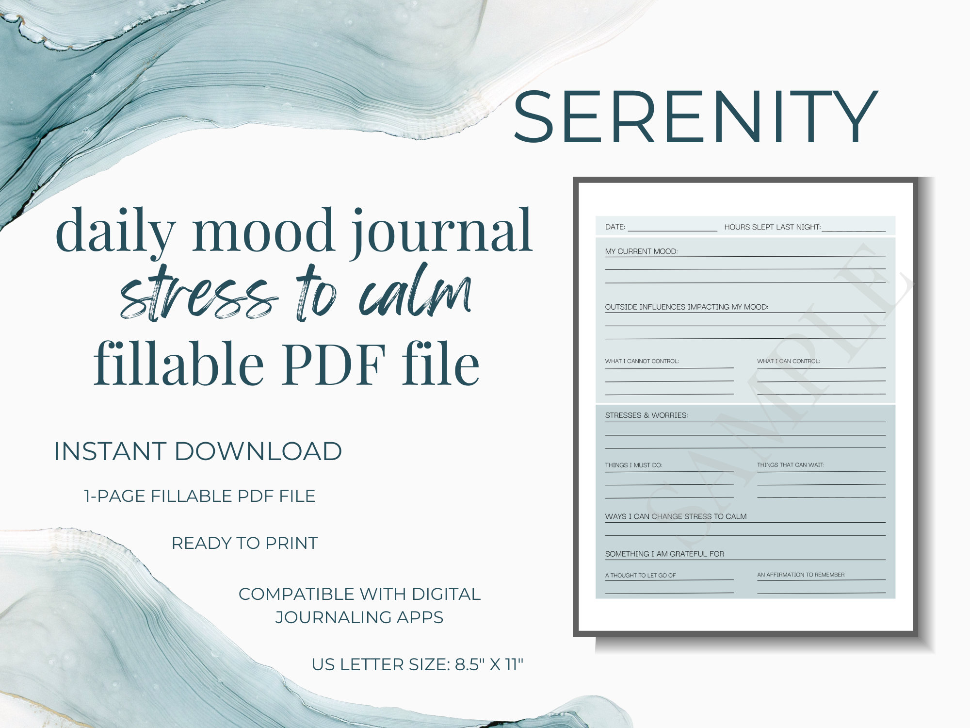 Serenity Daily Mood Journal Fillable & Printable PDF - Etsy