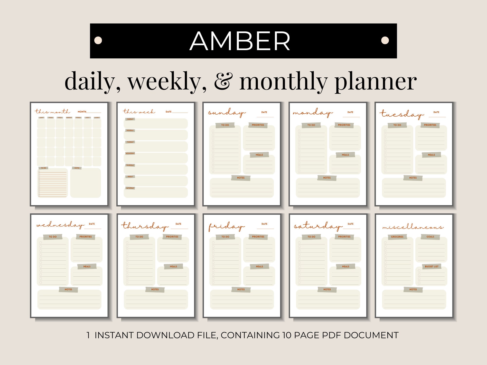 AMBER 8.5" X 11" Printable Planner PDF - Daily, Weekly, Monthly ...