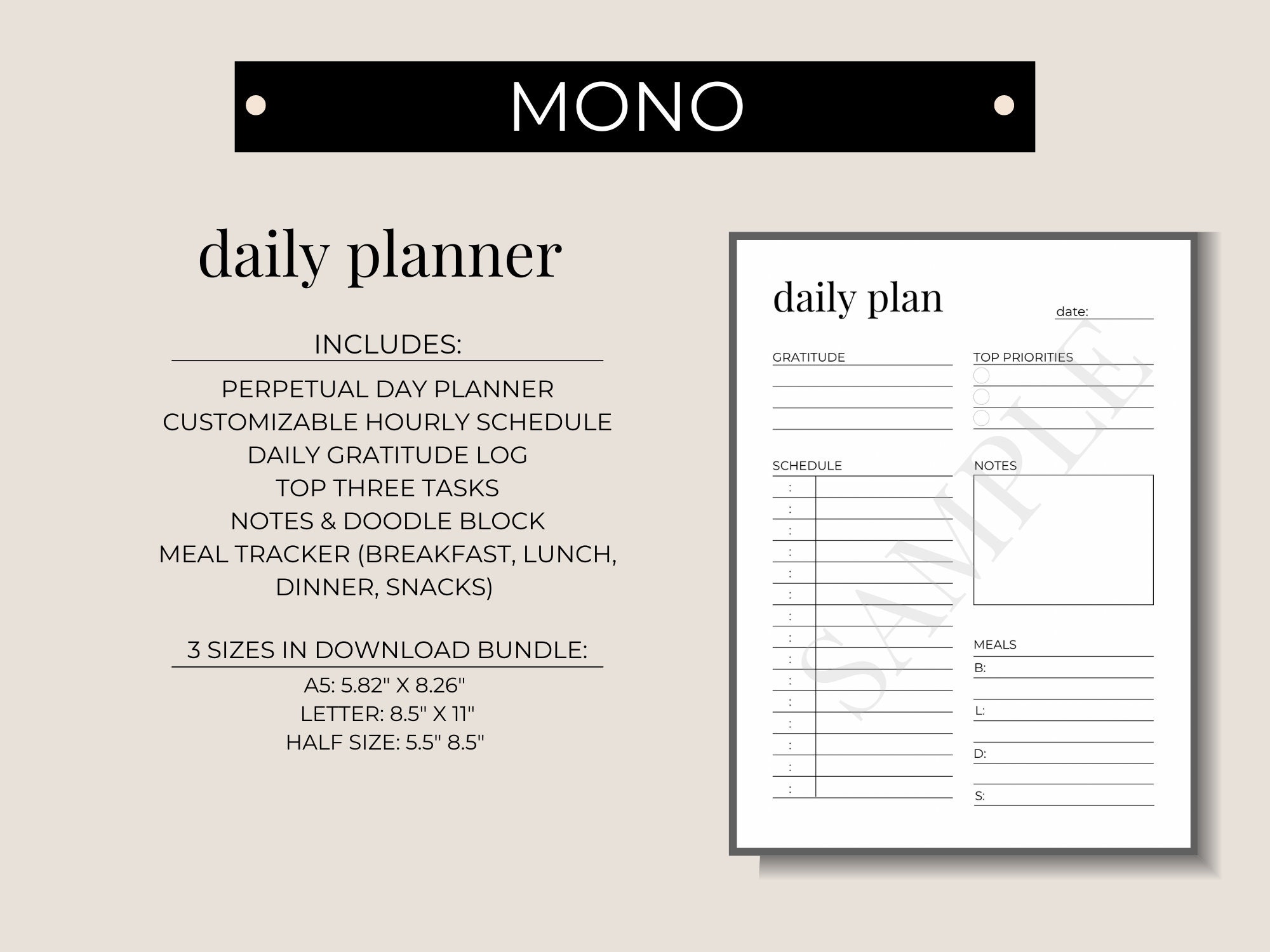 MONO Printable Planner PDF Bundle - Daily, Weekly, & Monthly - 3 SIZES ...