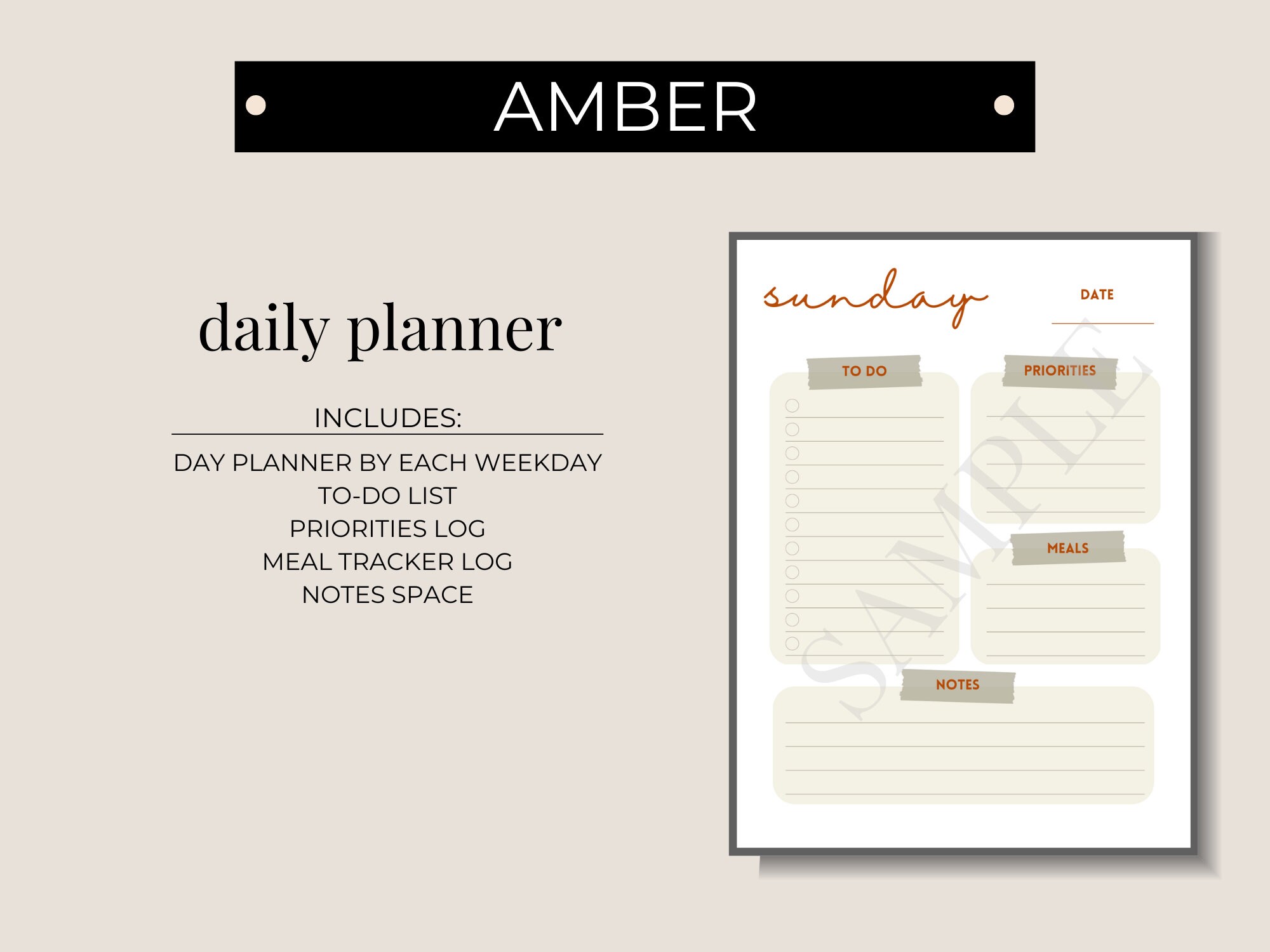 AMBER 8.5" X 11" Printable Planner PDF - Daily, Weekly, Monthly ...