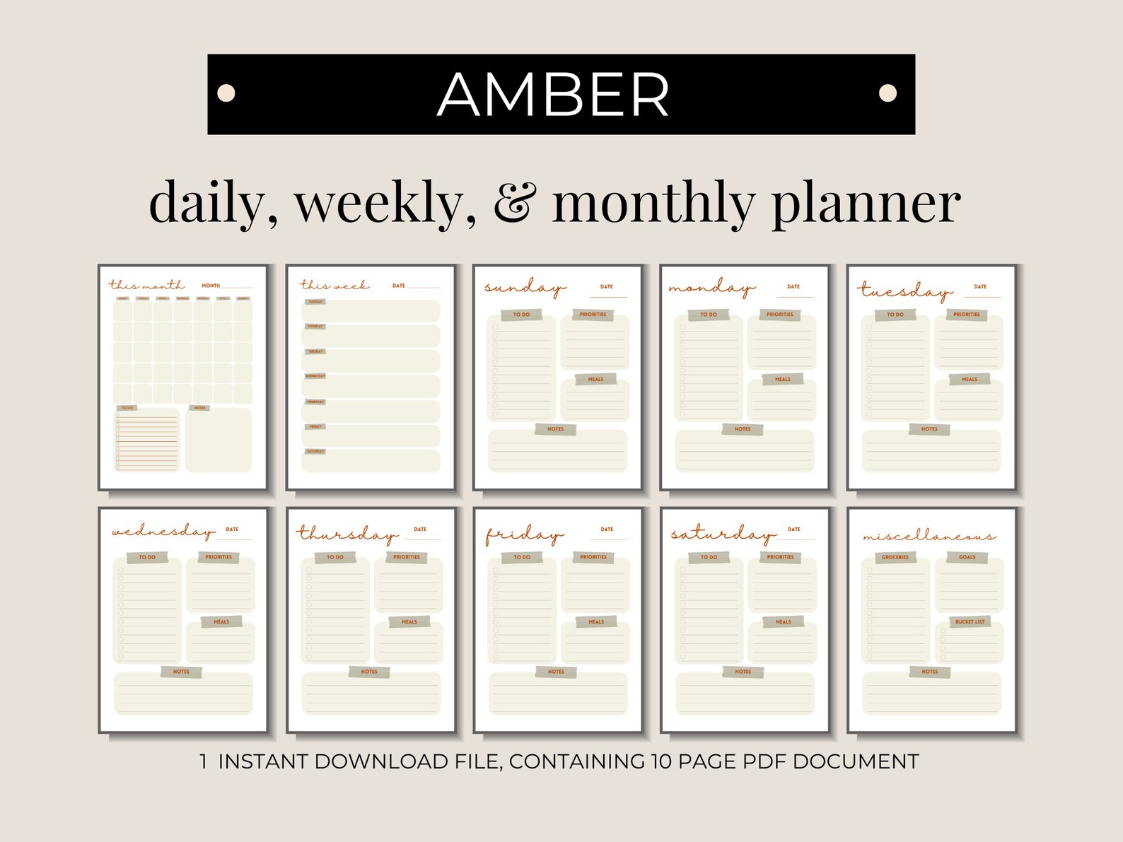 AMBER A5 Printable Planner PDF - Daily, Weekly, Monthly, & Miscellaneous Pages - Etsy