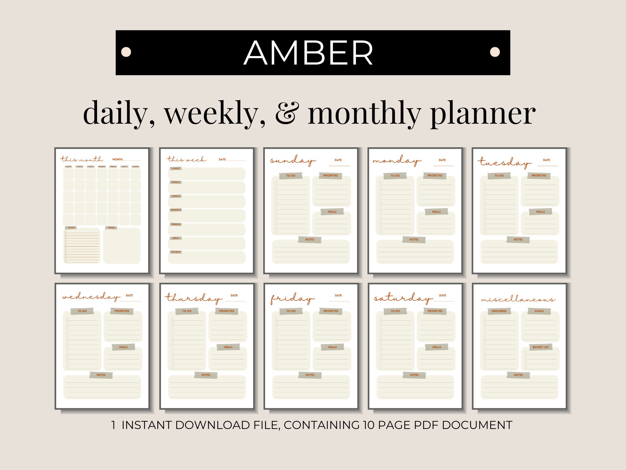 AMBER A5 Printable Planner PDF - Daily, Weekly, Monthly ...