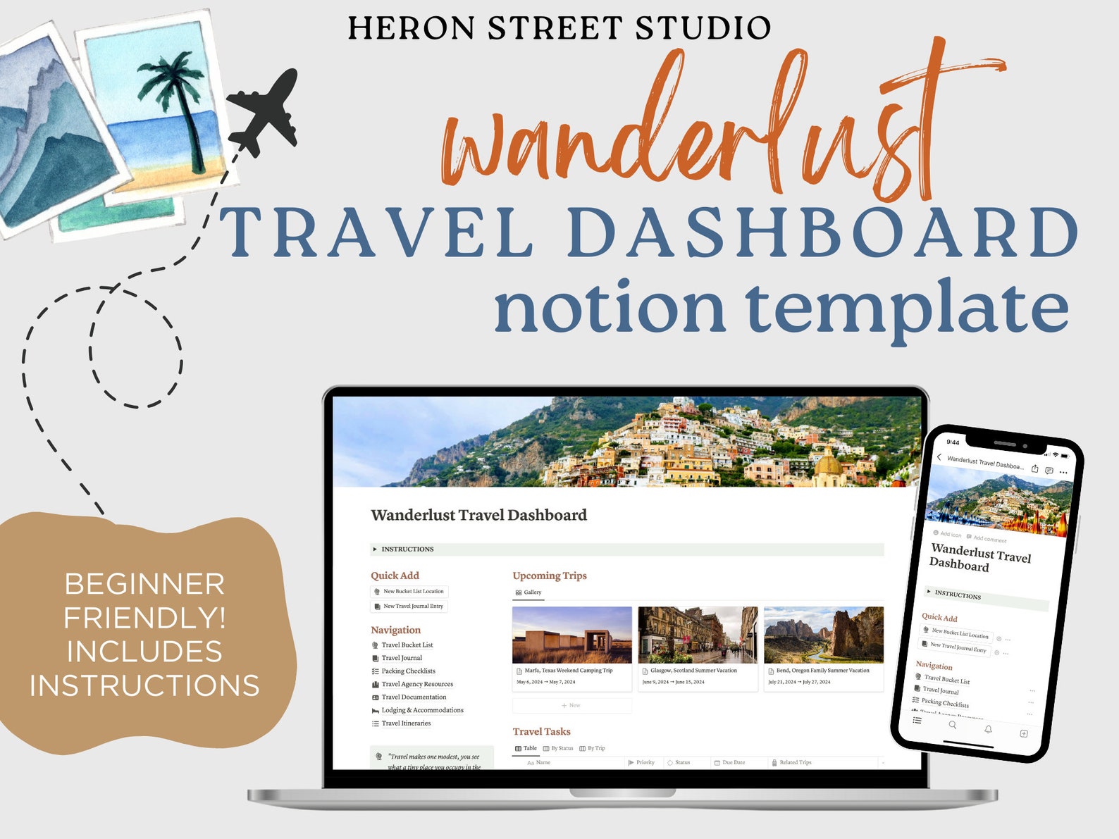 Wanderlust Travel Dashboard Notion Template With Vacation Overviews, Task Manager, Itineraries ...
