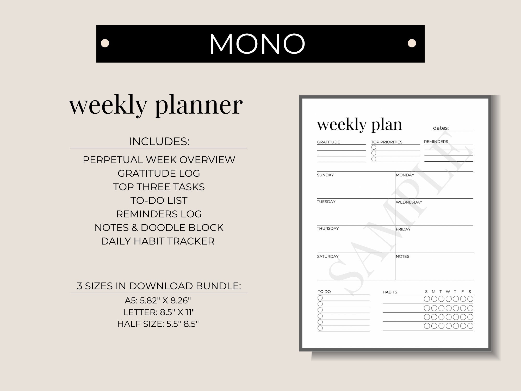 MONO Printable Planner PDF Bundle Daily, Weekly, & Monthly 3 SIZES - Etsy