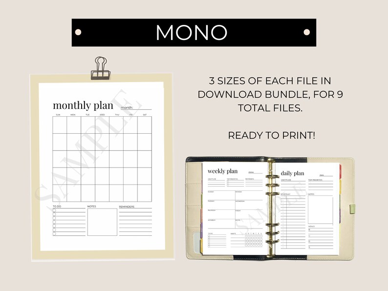 MONO Printable Planner PDF Bundle - Daily, Weekly, & Monthly - 3 SIZES ...