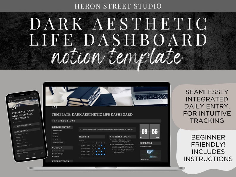 Dark Aesthetic Life Dashboard Notion Template With Integrated Journal ...