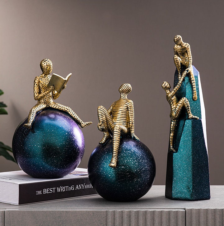 Modern Abstract People Thinker Statue, Handmade Reading Couple Figurine ...