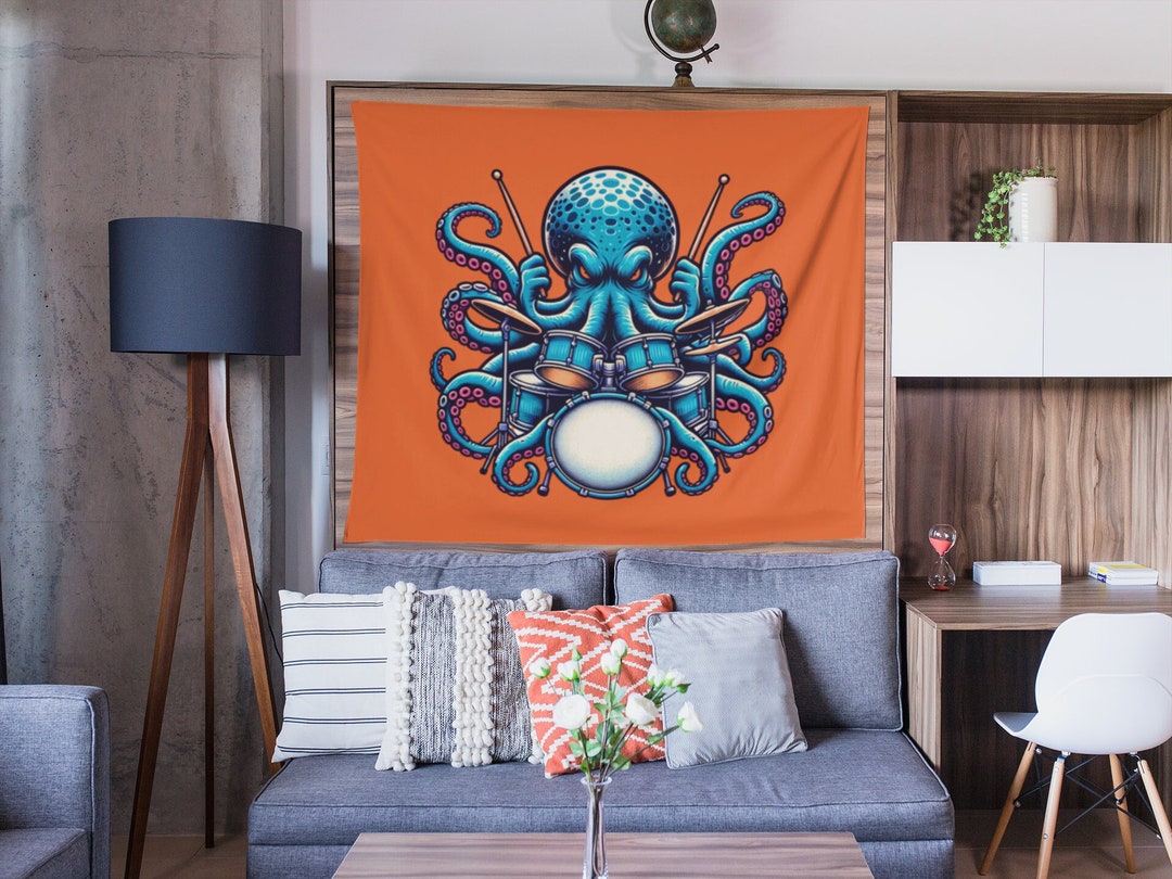 Octopus Playing Drums Indoor Wall Tapestry, Octopus Wall Decor Gift ...