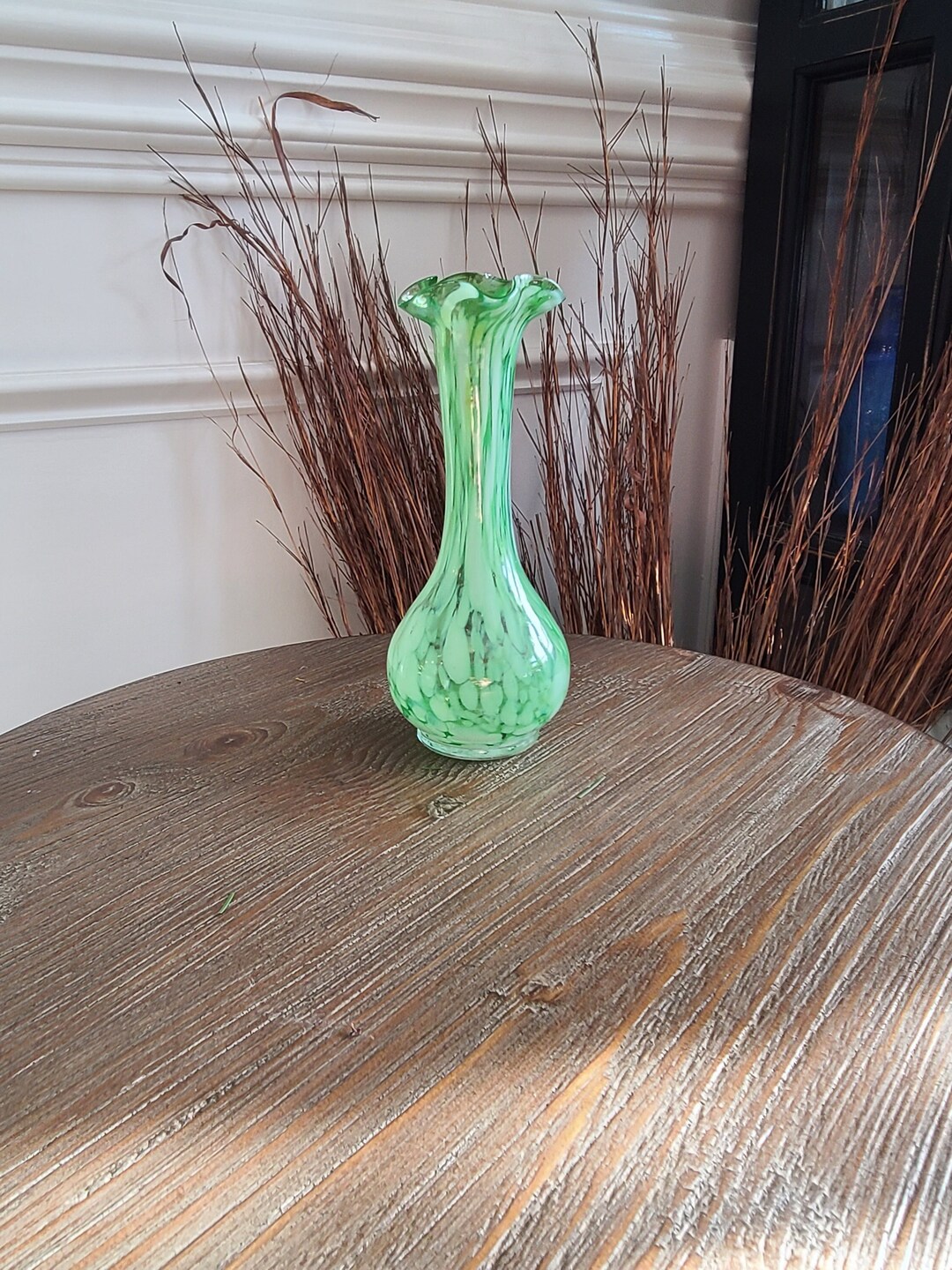 Green and White Spatter Glass Vase With Ruffled Edge - Etsy