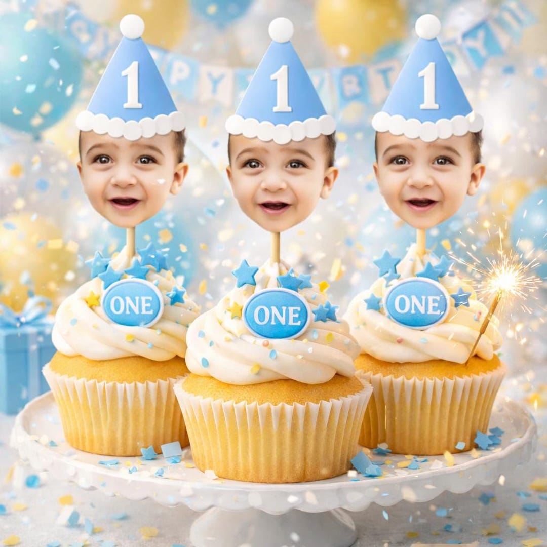 Customized Different Faces Photo Party Hat Cupcake Topper for First ...