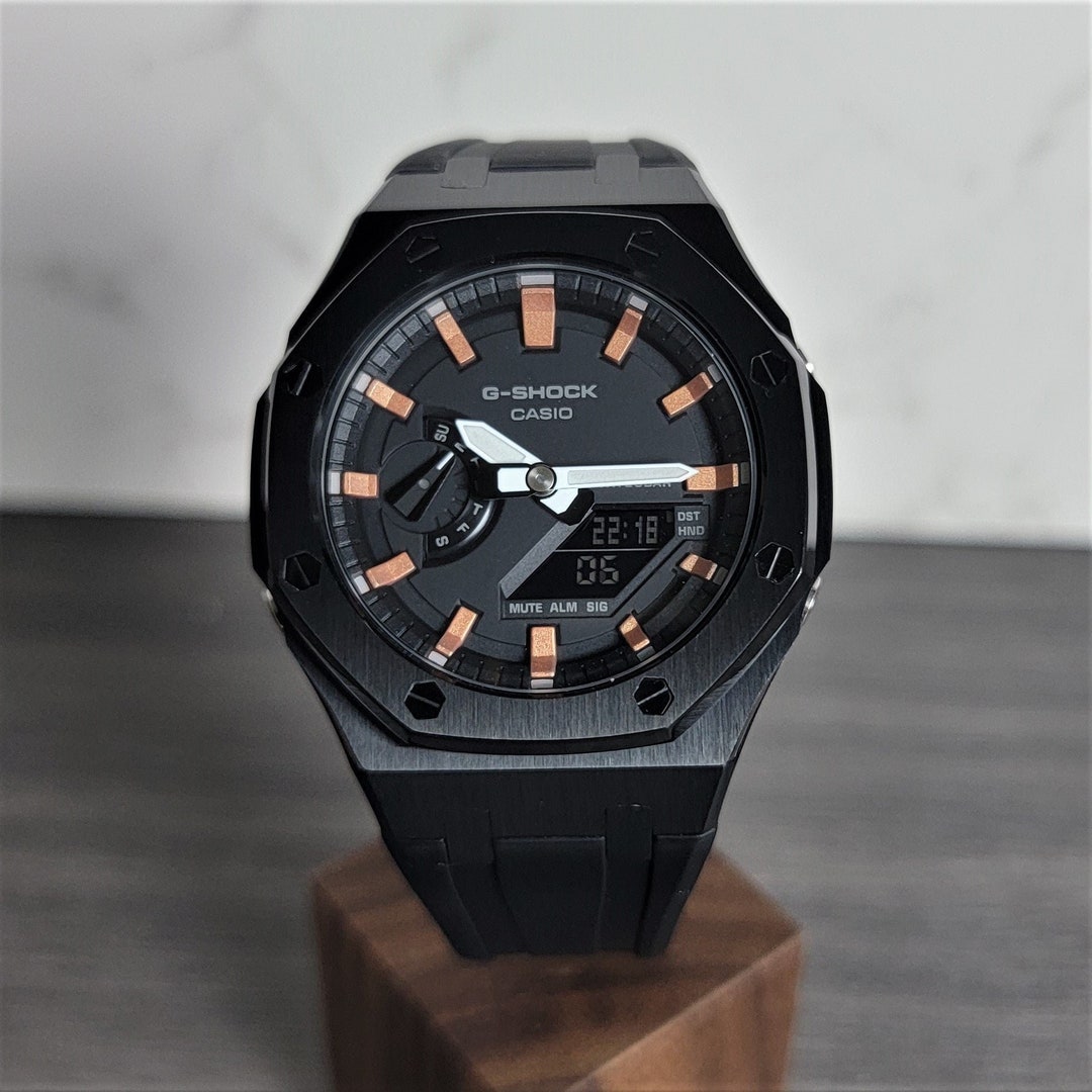 Casioak Mod Black Case Black Strap Black Rose Gold Time Mark - Etsy