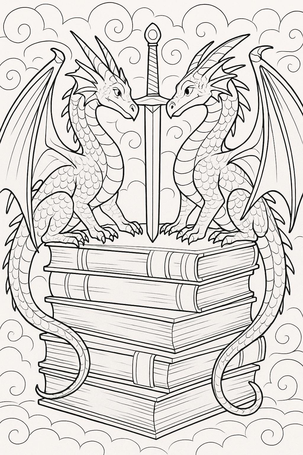 Dragon and Sword Coloring Page- Book Coloring Page- Adult Coloring ...
