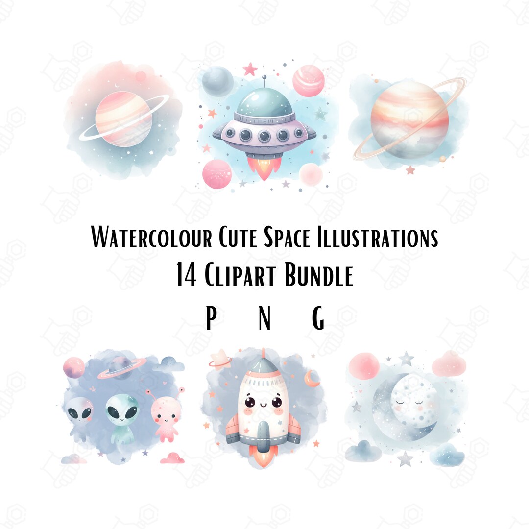 Watercolour Cute Space Themed Clipart Bundle 14 PNG Bundle Nursery Art ...