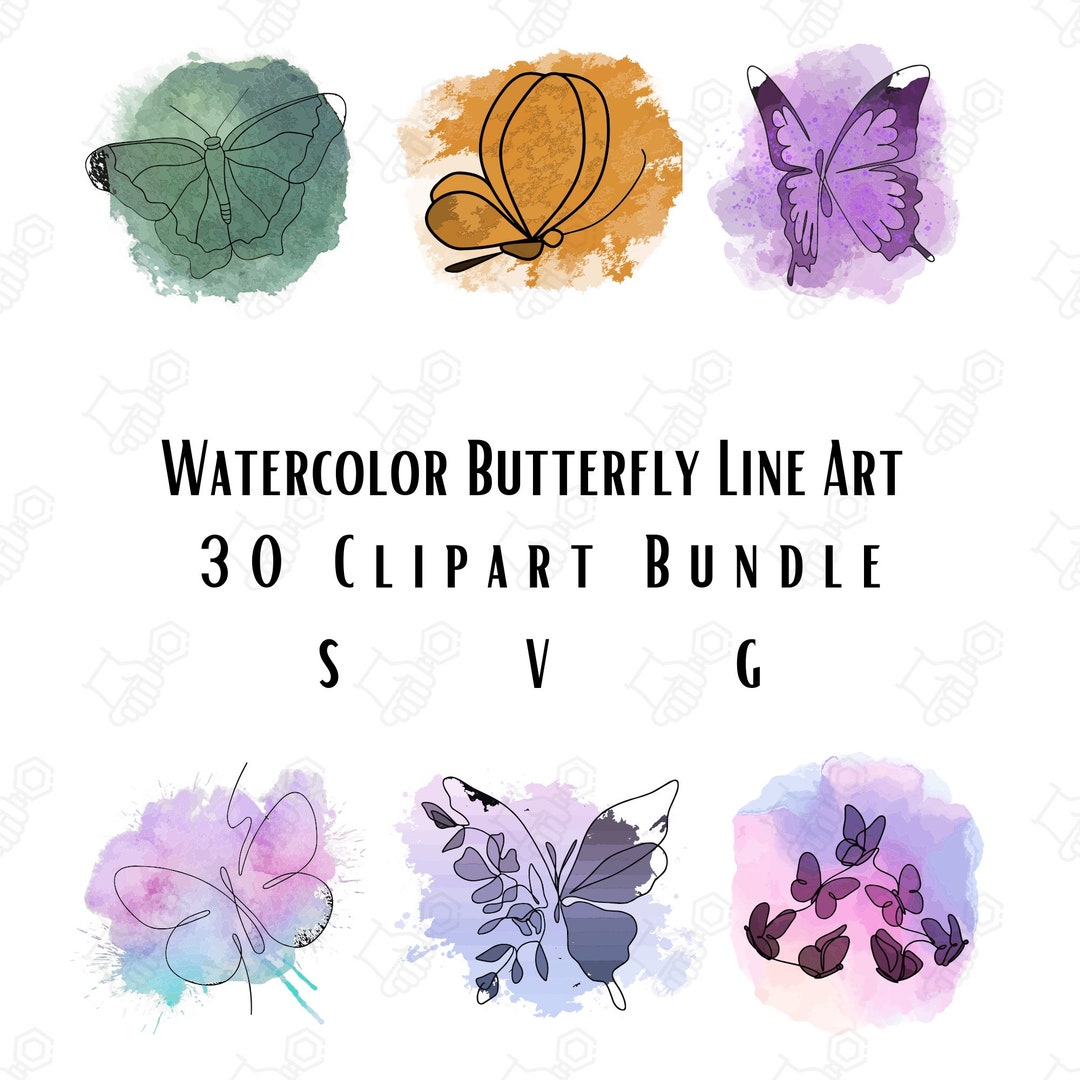 Watercolour Butterfly Line Art 30 Clipart Bundle SVG Pack Layered SVG ...