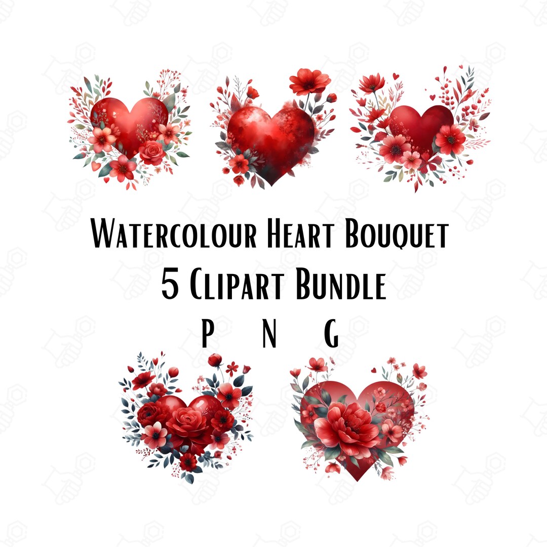 Watercolour Heart Bouquet Valentine’s Day 5 Clipart Bundle PNG Files HD ...