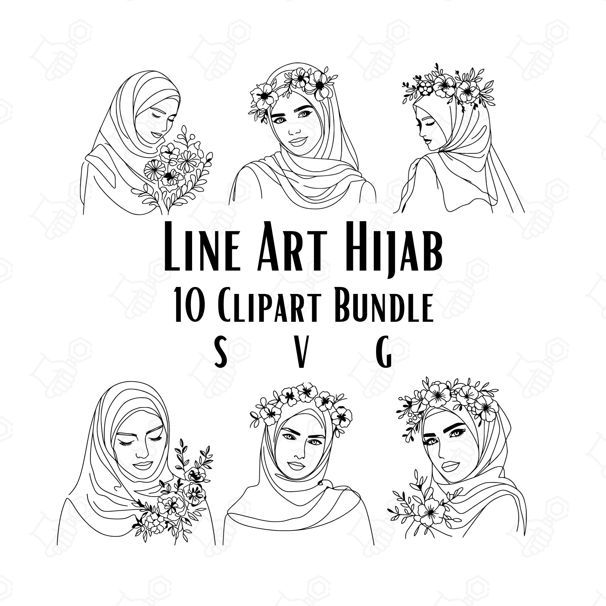 Floral Line Art Hijabi Woman Girl 10 Clipart Bundle SVG Files Instant ...