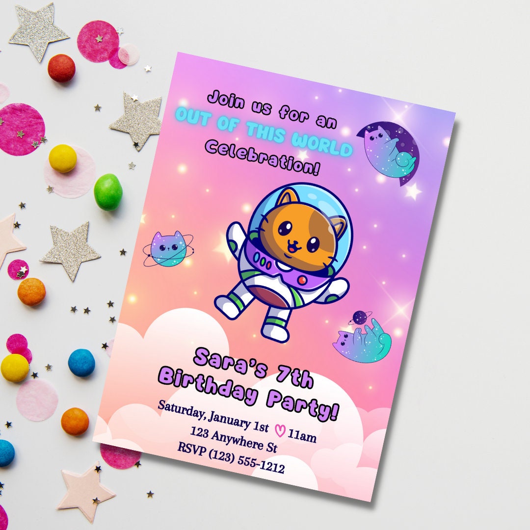 Cute Cat Birthday Invite, Space Cat Birthday, Cute Kitten Birthday, Cat ...