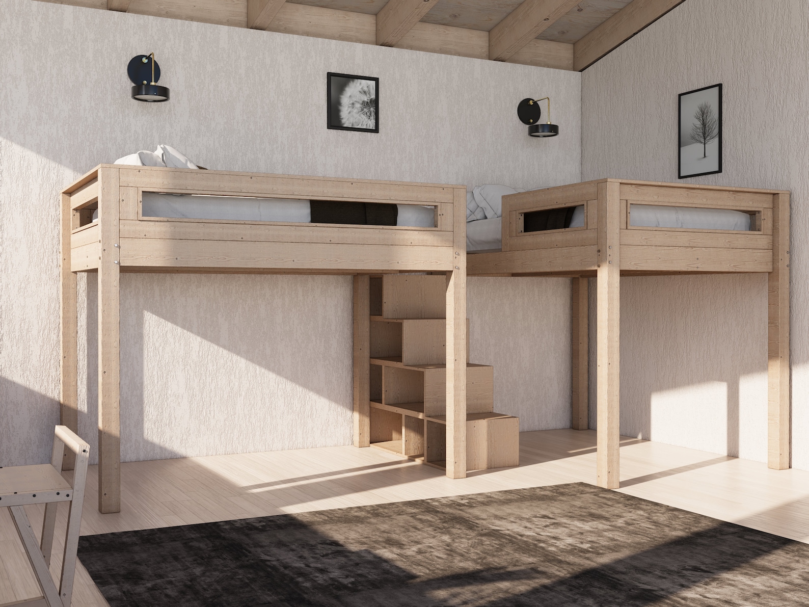 Wooden Full Bunk Bed Plan With Stairs, Shelves and Seating Area - Etsy