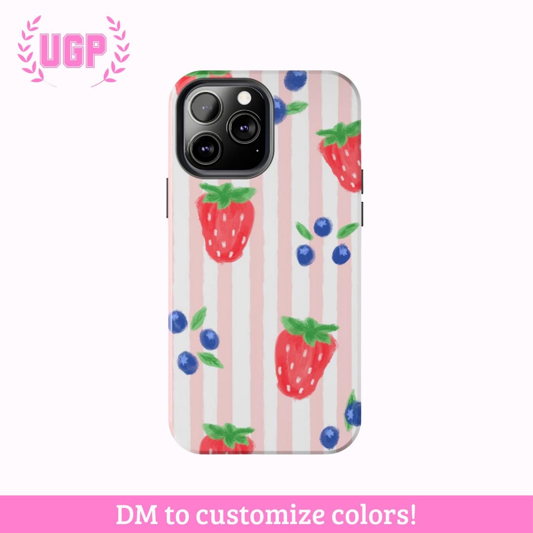 Fruit and Stripes Tough Phone Case, Summer, Pink Stripes, Blueberries ...