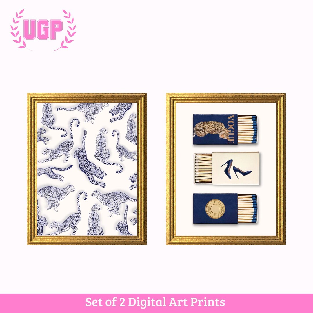 Navy, Cheetah, Vogue, Cute, Trendy, Wall Art, Digital Art Prints (set ...