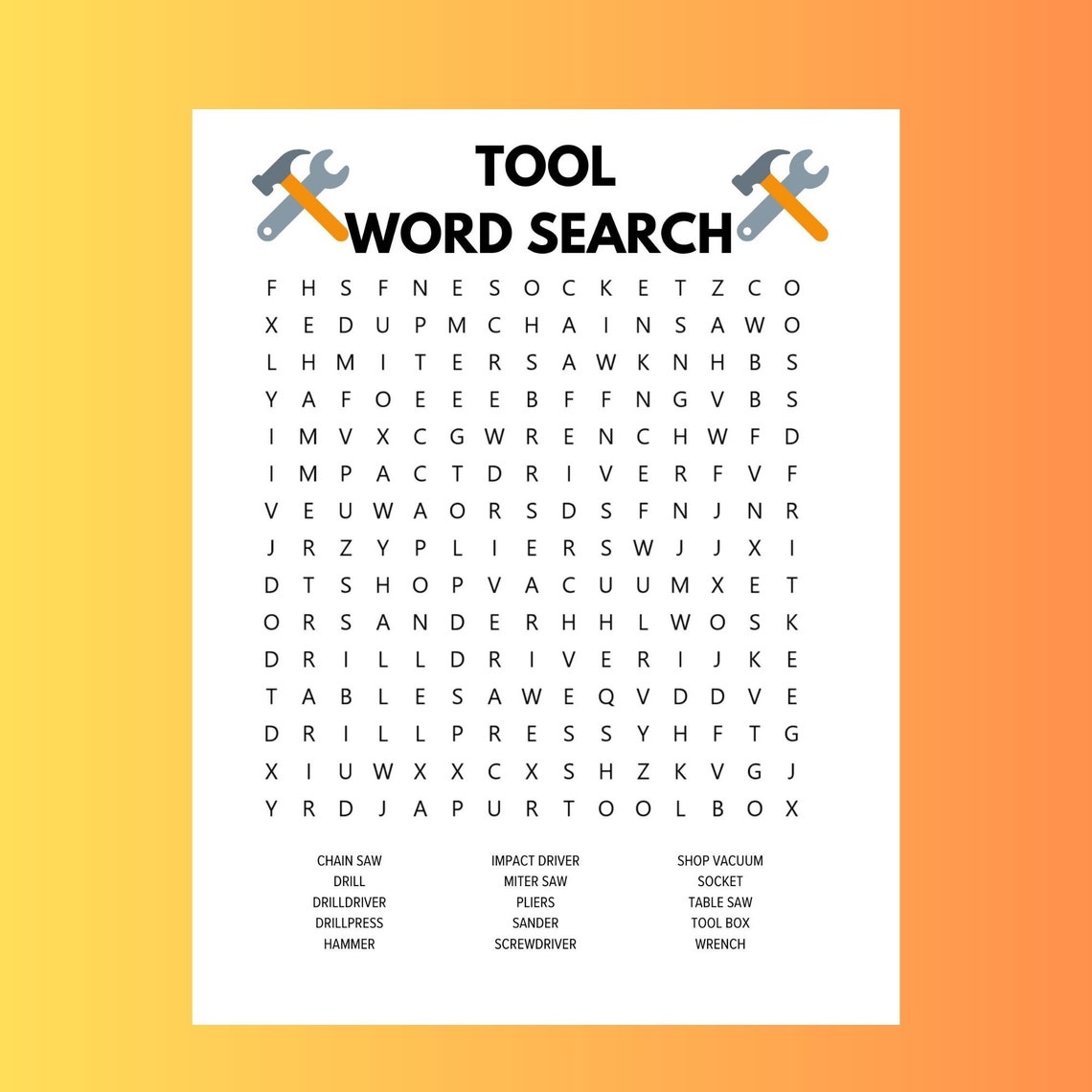 Tool Word Search Word Search Printable Tool Lover Word - Etsy