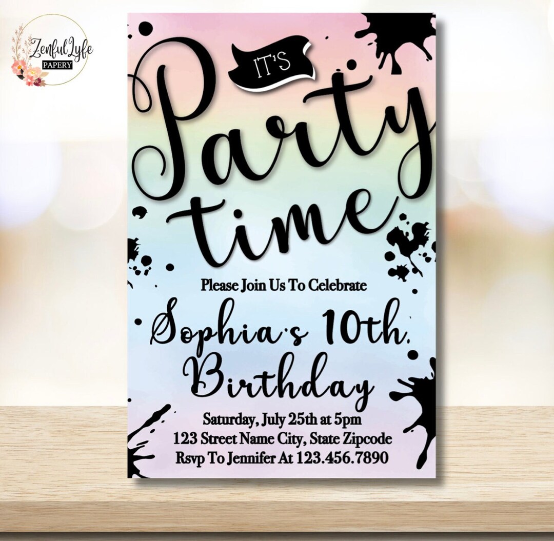 Rainbow & Paint Splatter Birthday Invitation, Custom Made Invitation ...