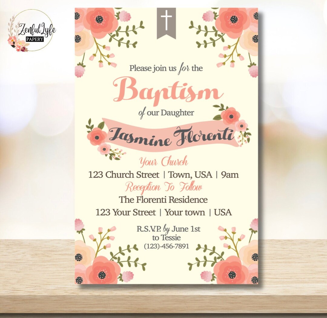 Floral Baptism Invitation, Custom Made Invitation, Baptism Invitation ...