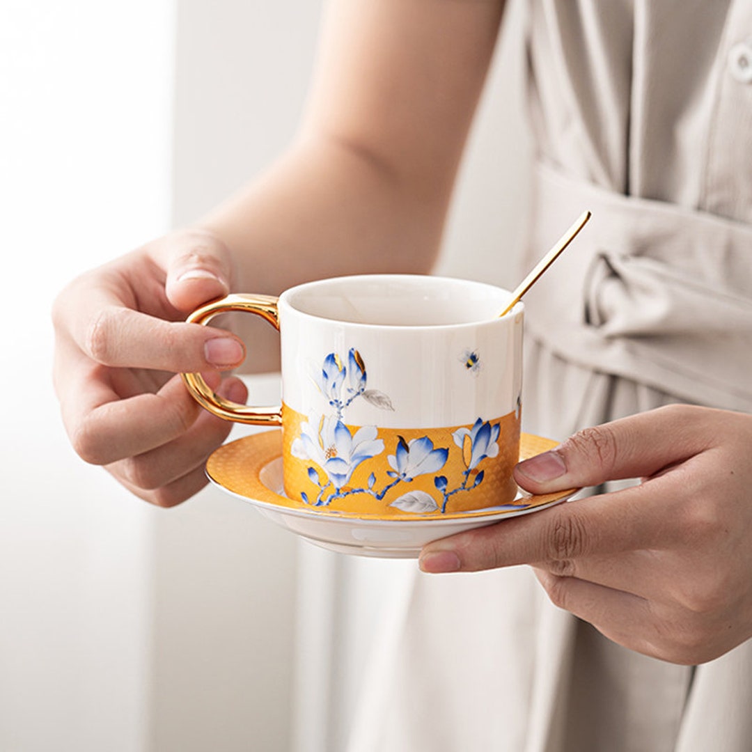 Curationcoceramic Premium Gold Orchid Coffee Cup Set With - Etsy