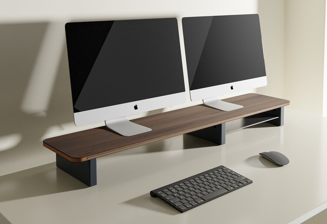 American Walnut Dual Monitor Shelf in Silver Alloy Trim & Mid-shelf ...