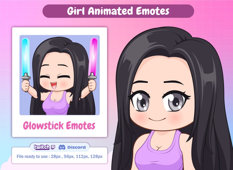 Glowstick Girl Animated Emotes / Twitch Emotes Girl Black Hair - Etsy