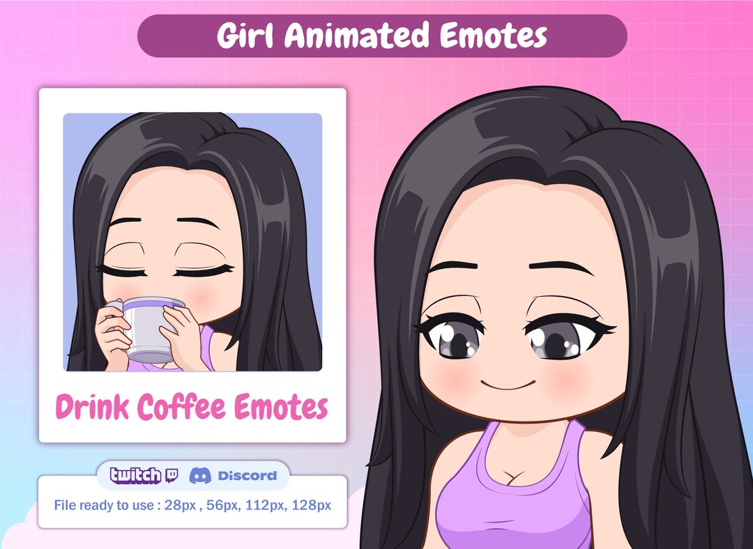 Drink Coffee Girl Animated Emotes / Twitch Emotes Girl Black Hair - Etsy