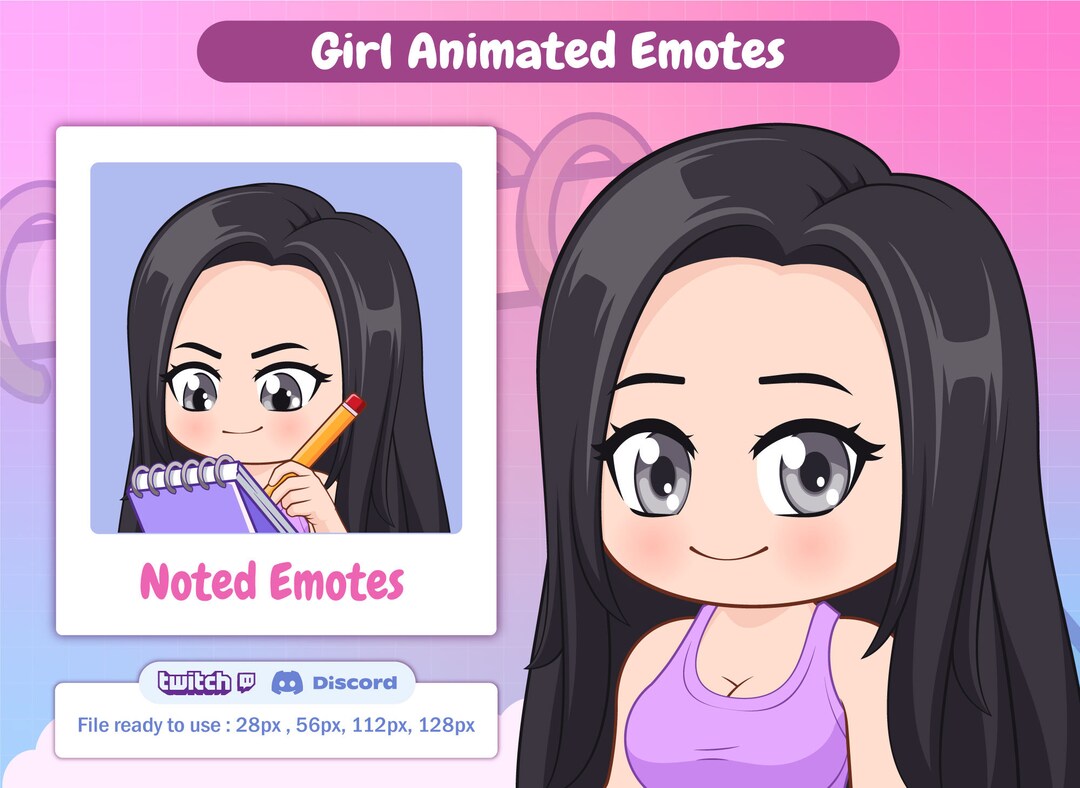 Noted Girl Animated Emote, Black Hair - Twitch/discord (digital ...