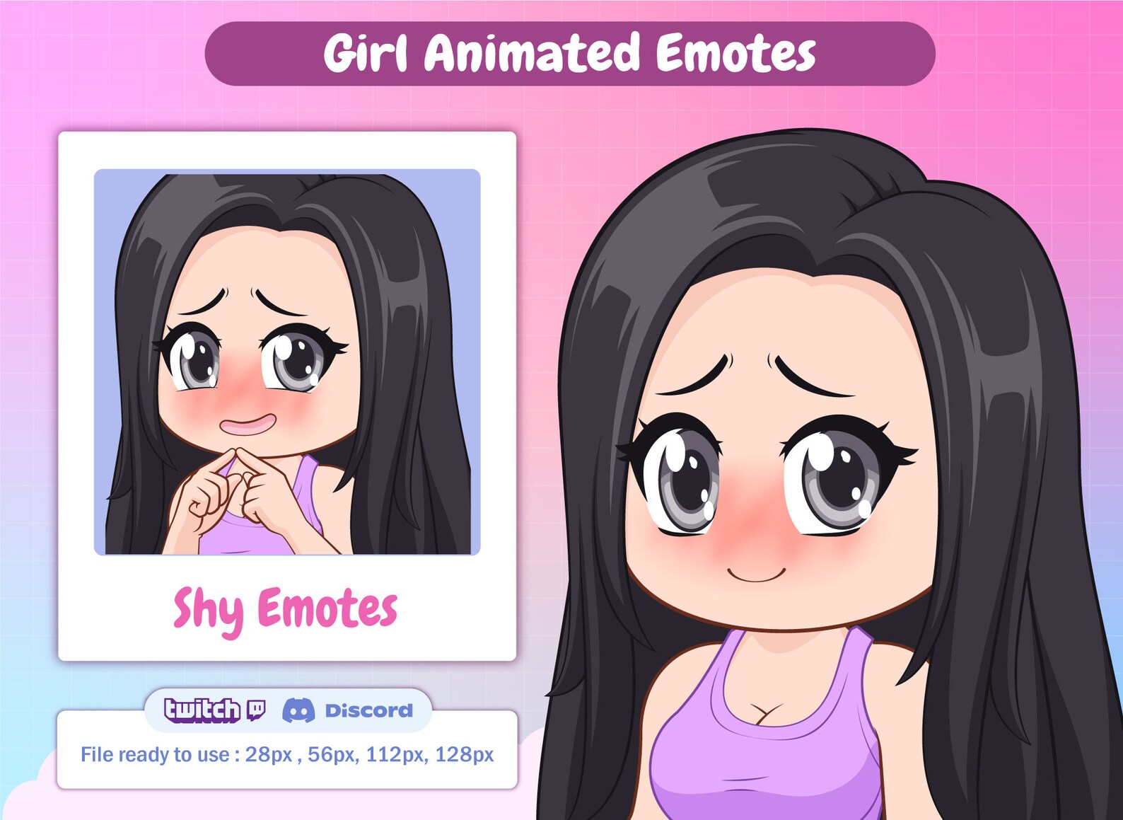 Shy Girl Animated Emote, Black Hair Twitch/discord (digital Download ...