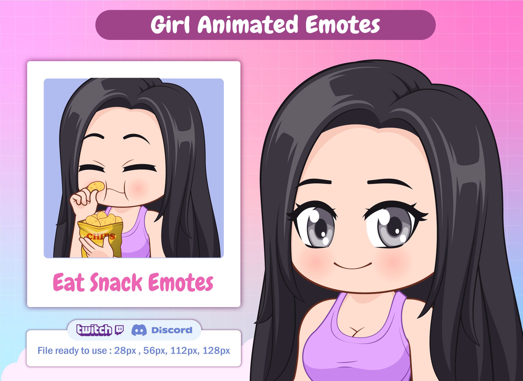 Eat Snack Girl Animated Emotes / Twitch Emotes Girl Black Hair - Etsy