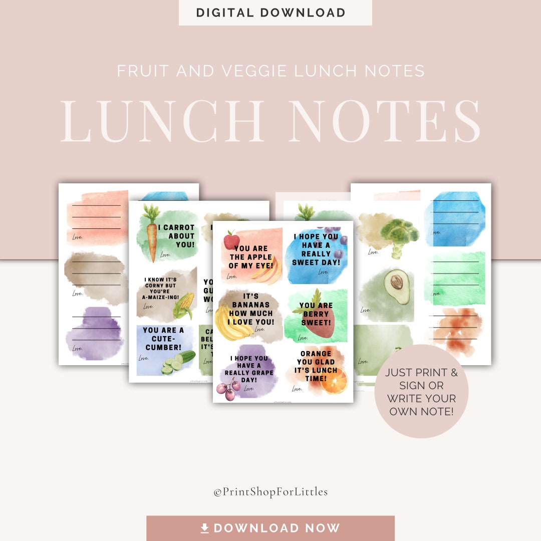 Fruit and Veggie Lunch Box Notes | Watercolor Lunch Notes for Kids ...