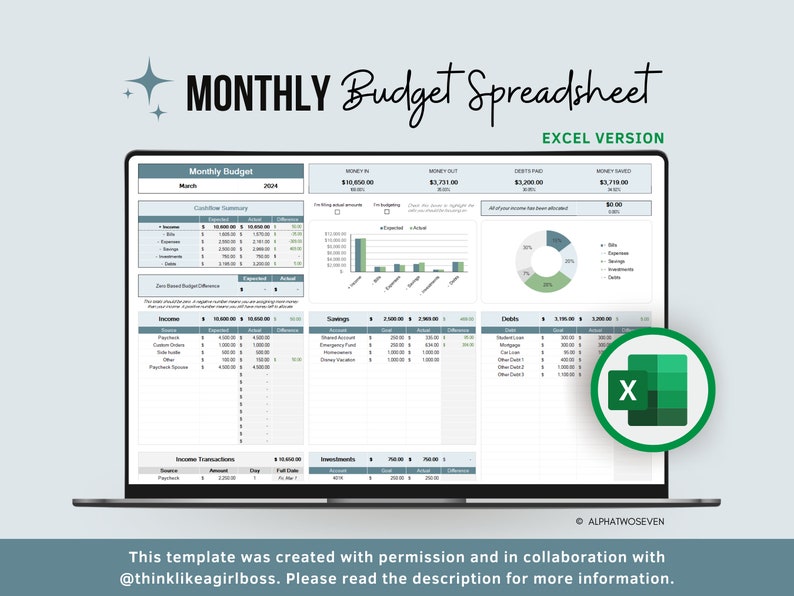 Monthly Budget Spreadsheet, Excel Budget Template, Income, Expenses ...