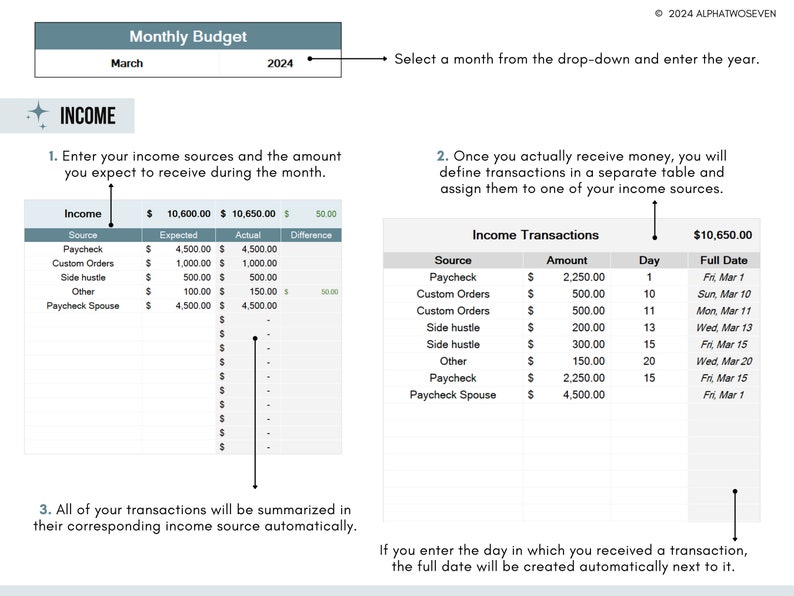 Monthly Budget Spreadsheet, Excel Budget Template, Income, Expenses ...