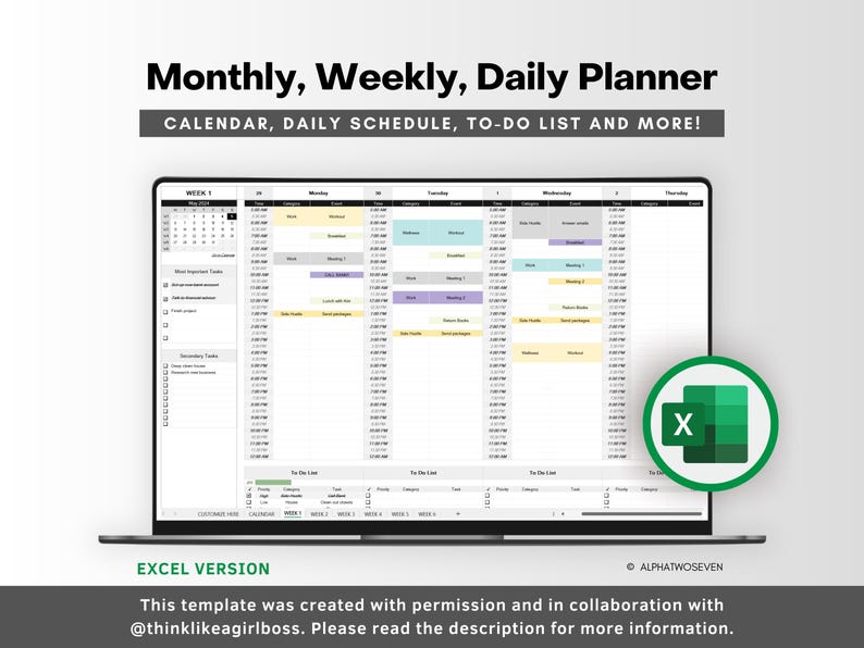 Undated Weekly Planner, Monthly Calendar, Daily Schedule Template, Task ...