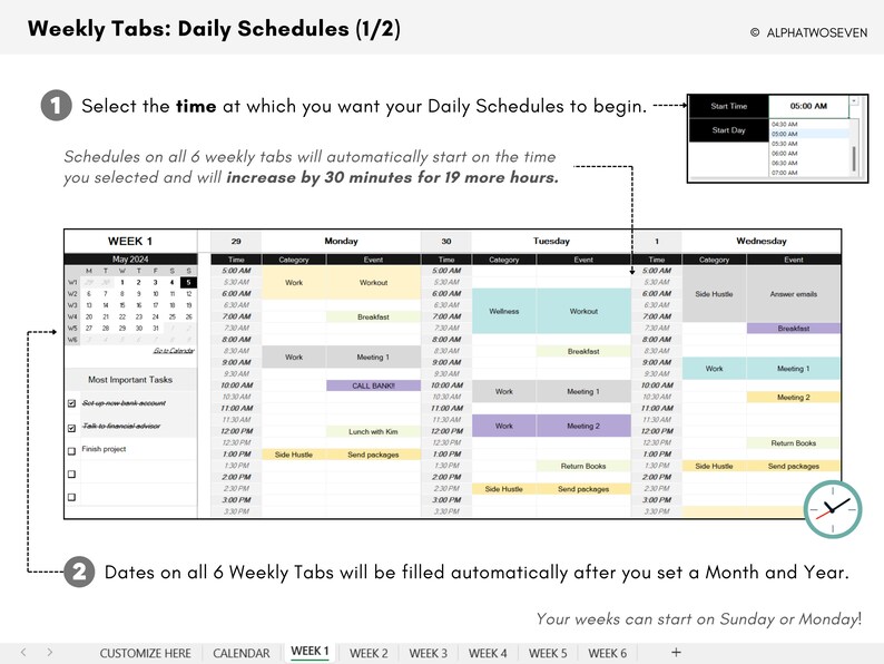 Undated Weekly Planner: Monthly Calendar, Daily Schedule (excel ...