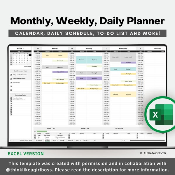 Daily Weekly Monthly Planner Excel Template - Etsy