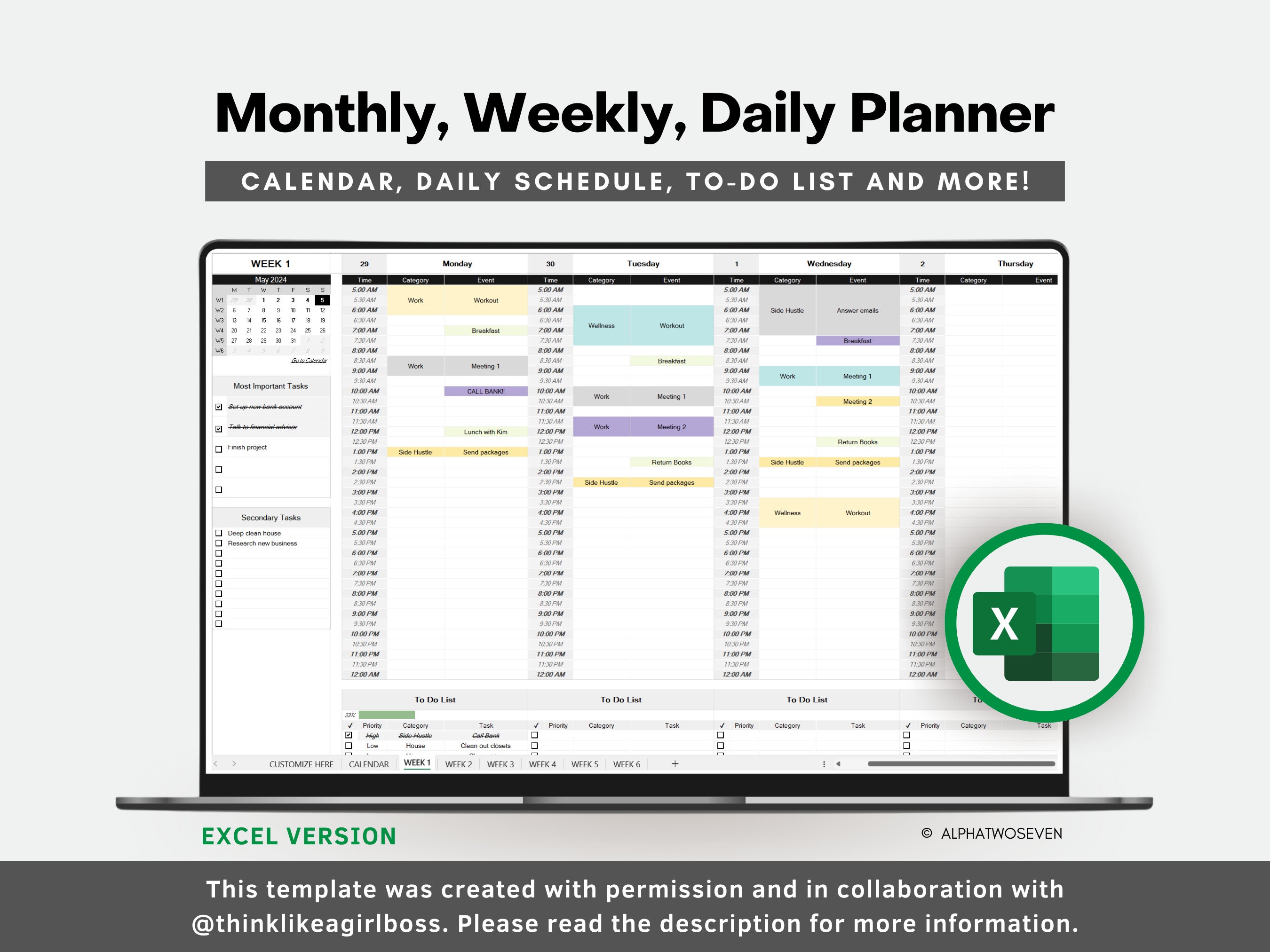 Undated Weekly Planner, Monthly Calendar, Daily Schedule Template, Task ...