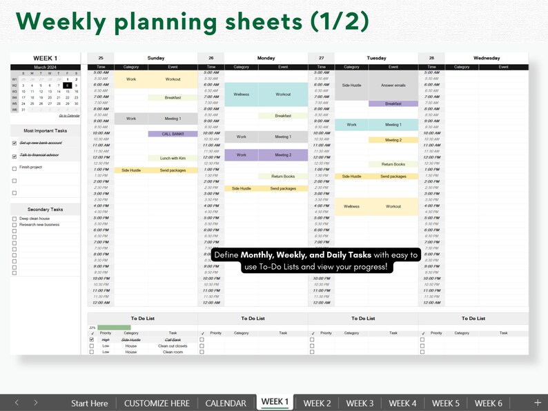 Excel To Do List, Undated Weekly Planner, Monthly Calendar, Daily ...