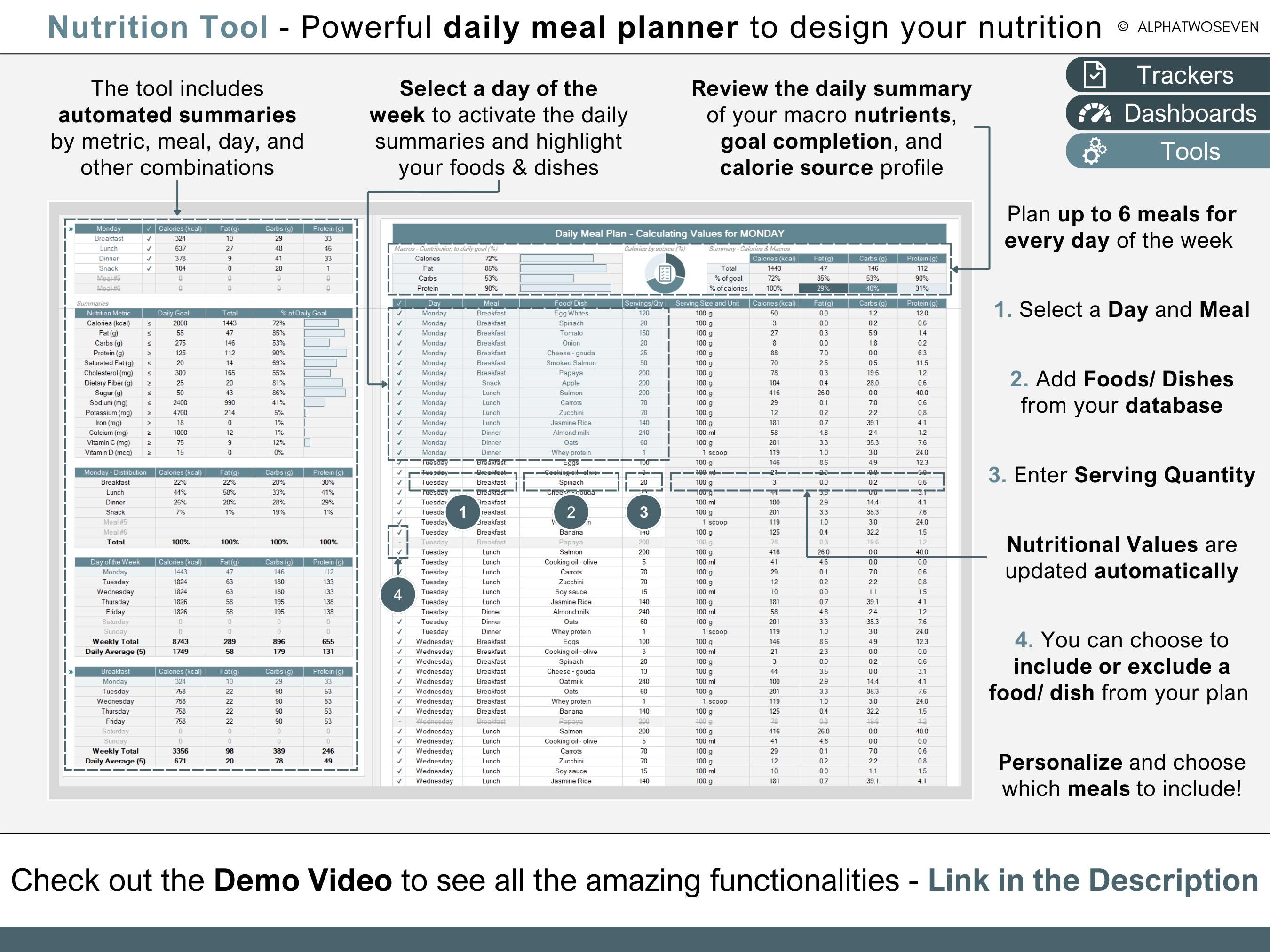 Meal Planner Excel Template: Nutrition Tracker, Food Database (digital ...