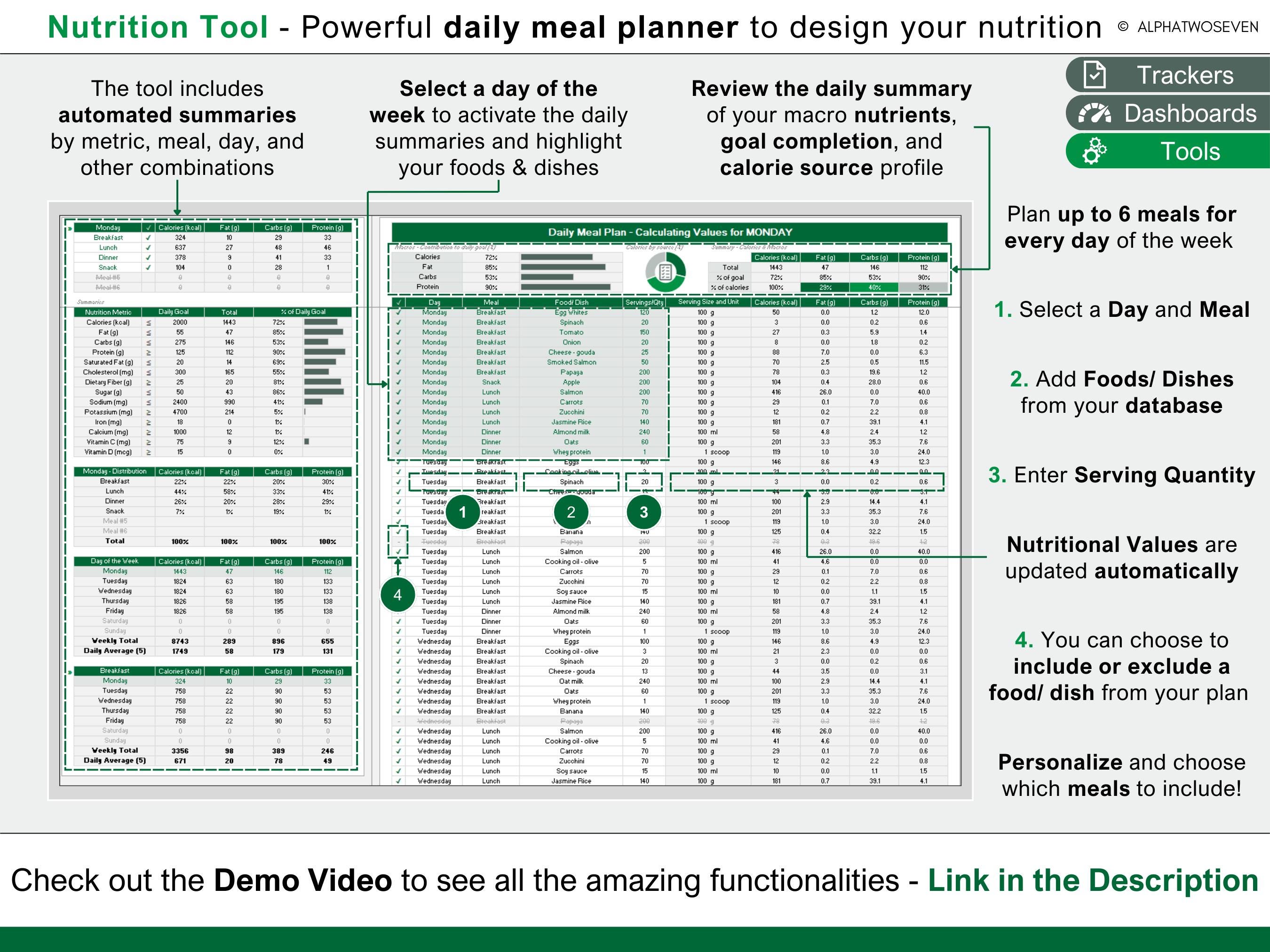 Meal Planner Excel Template: Nutrition Tracker, Food Database (digital ...