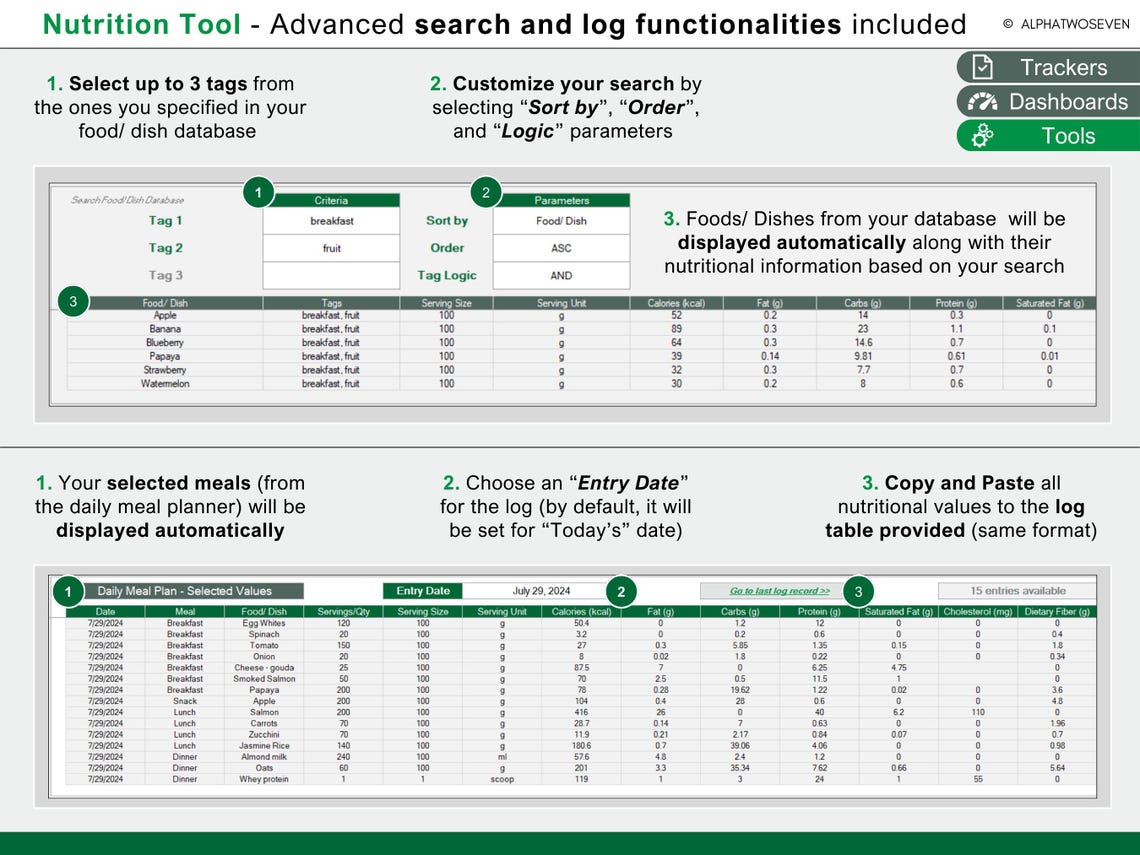 Meal Planner Excel Template: Nutrition Tracker, Food Database (digital ...