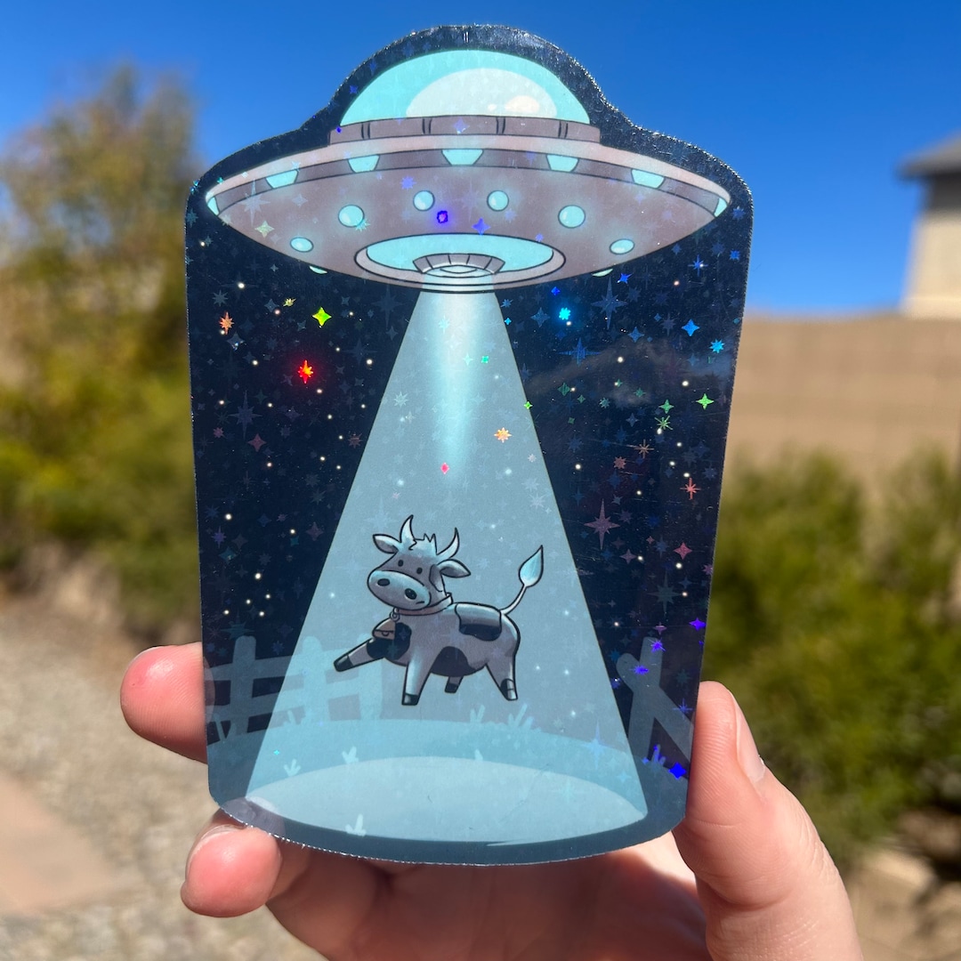 Spaceship & Cow Holographic Sticker - Etsy