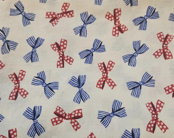 Fabric - White With Red and Blue Bows Cotton 30" X 44", Cotton Fabric ...