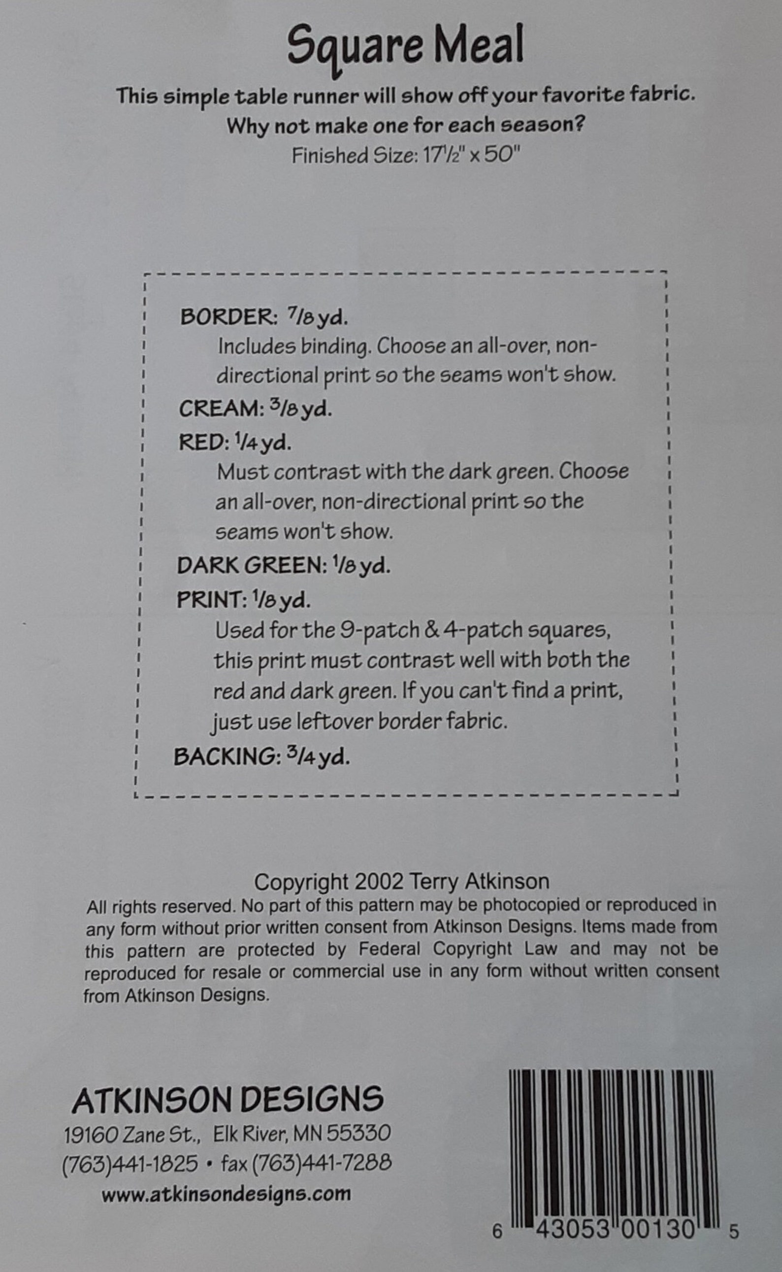 Pattern - Square Meal Table Runner Pattern, Physical Pattern - Etsy